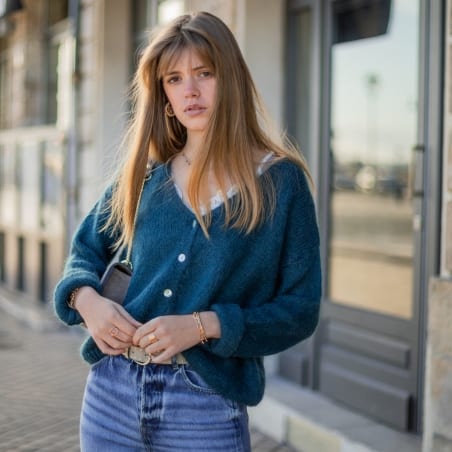 Gilet boutons nacre, en mohair, bleu canard - Perrine & Antoinette