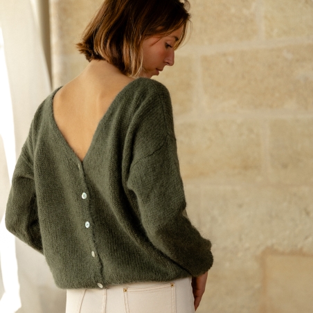 Gilet boutons nacre, en mohair, vert kaki - Perrine & Antoinette