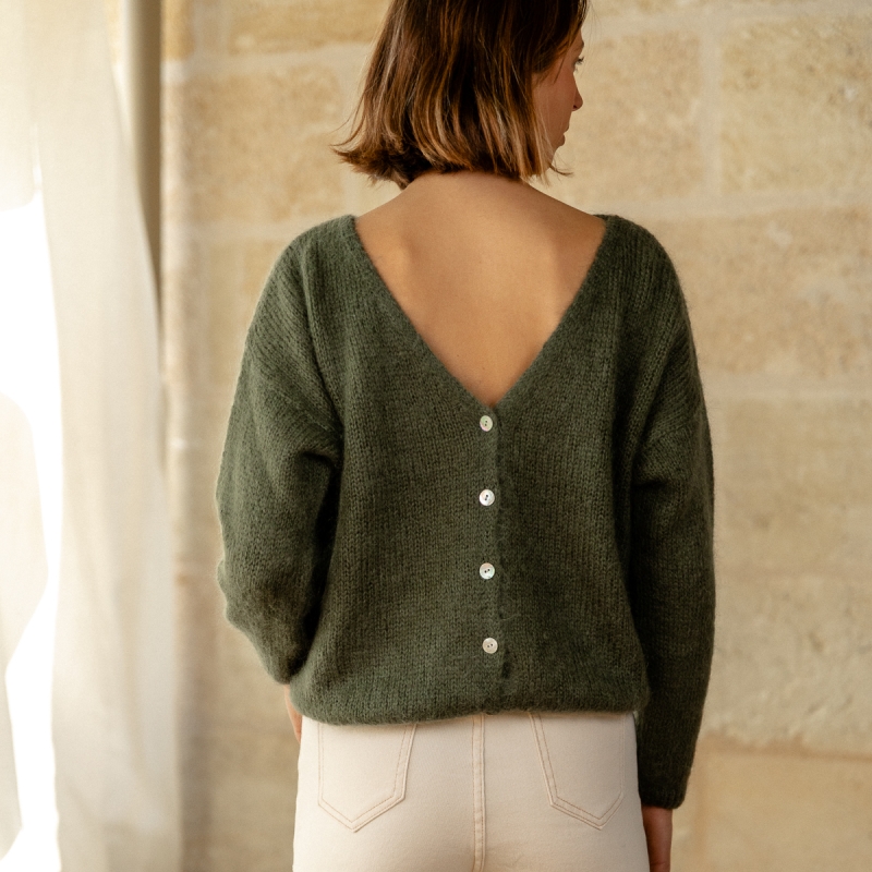 Gilet boutons nacre, en mohair, vert kaki - Perrine & Antoinette